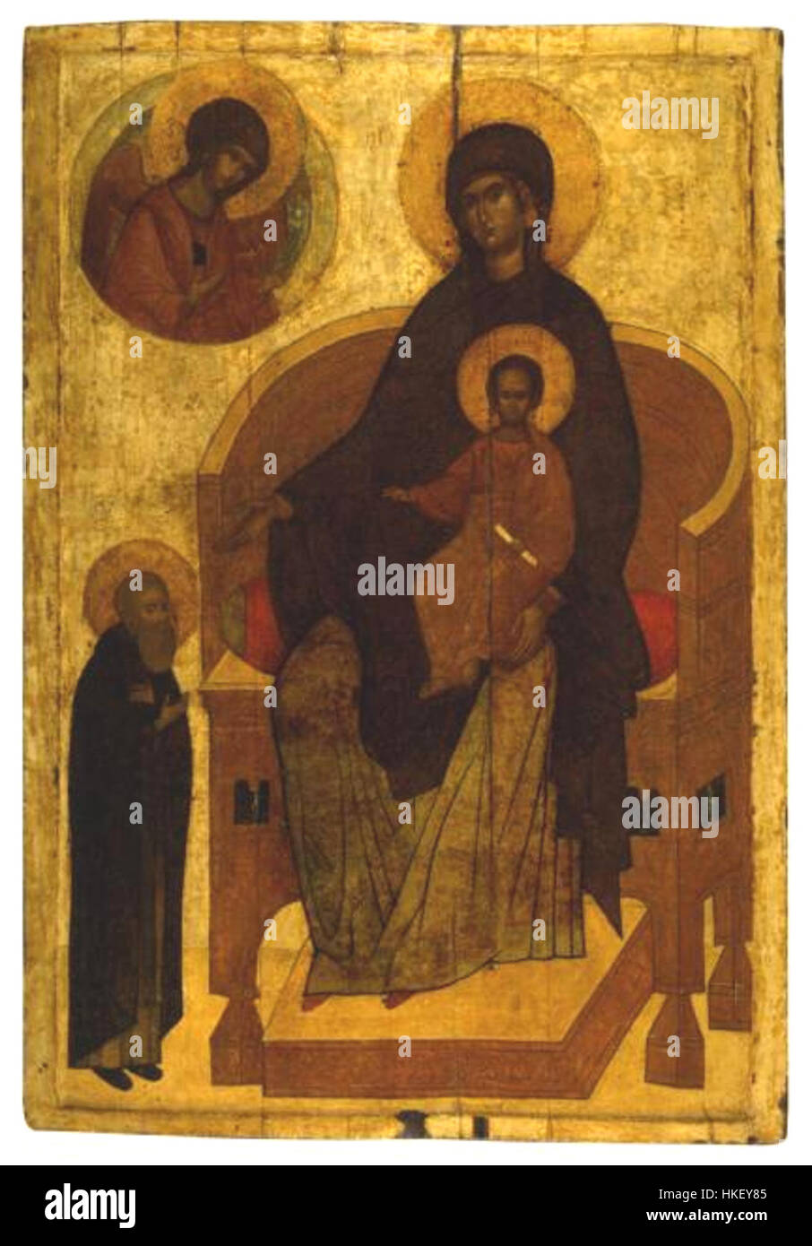 This 15th-century icon depicts the Virgin Mary enthroned alongside Sergius of Radonezh, a ...