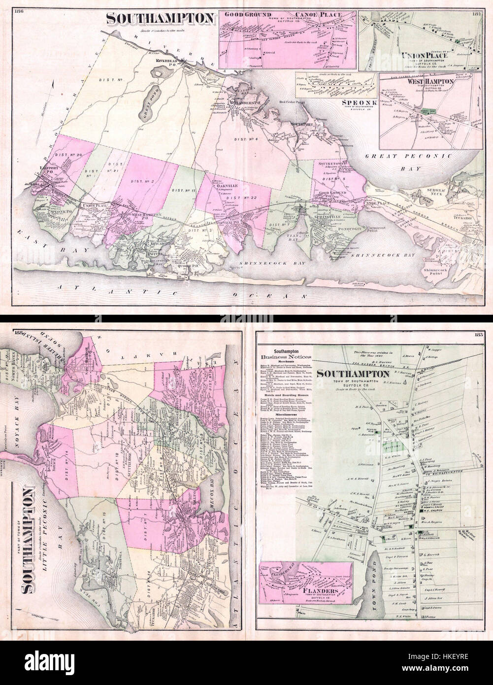 This 1873 map by Beers illustrates Southampton, Bridgehampton, and Sag ...