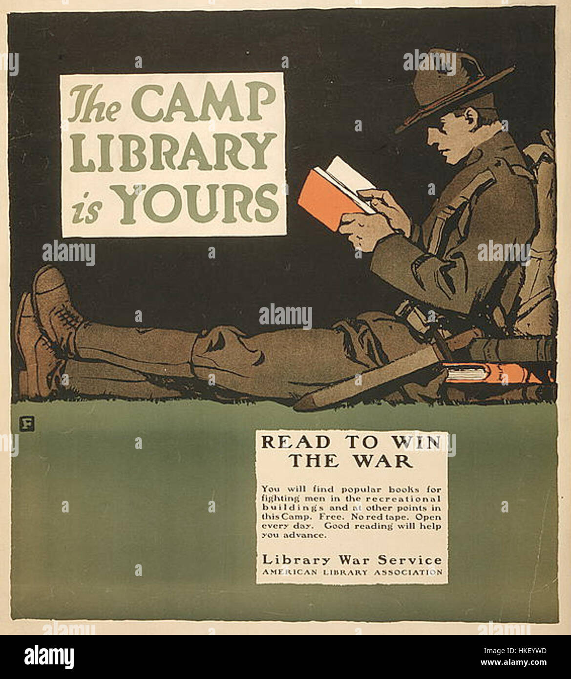 A 1917 painting by CB Falls, depicting a camp library. The scene ...