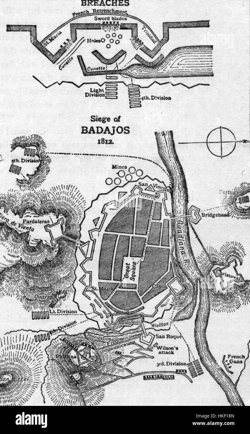 A historical diagram depicting the Battle of Badajoz in 1812, a key ...