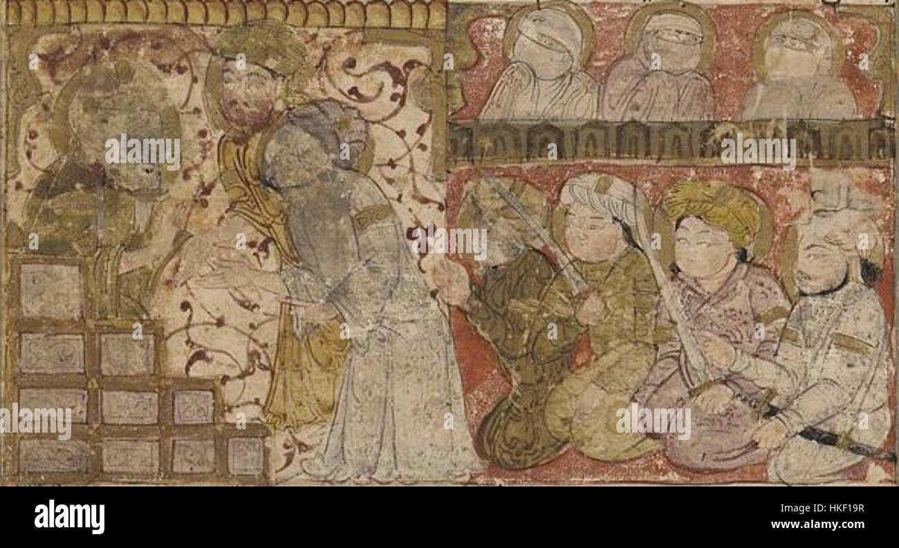 This artwork depicts the election of 'Othman as the caliph in Medina, a ...