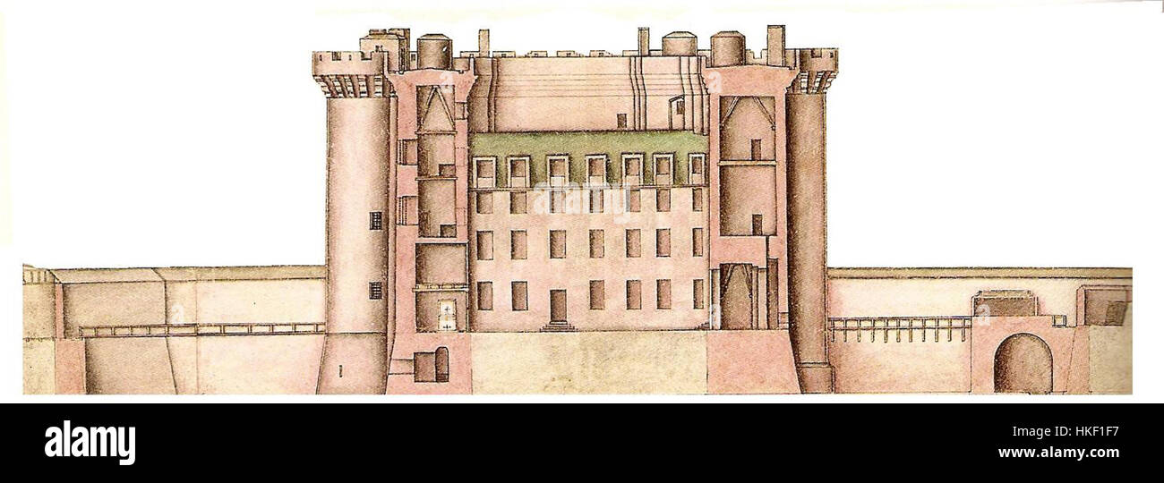 This artwork, 'Bastille profile, 1750,' depicts the Bastille fortress ...
