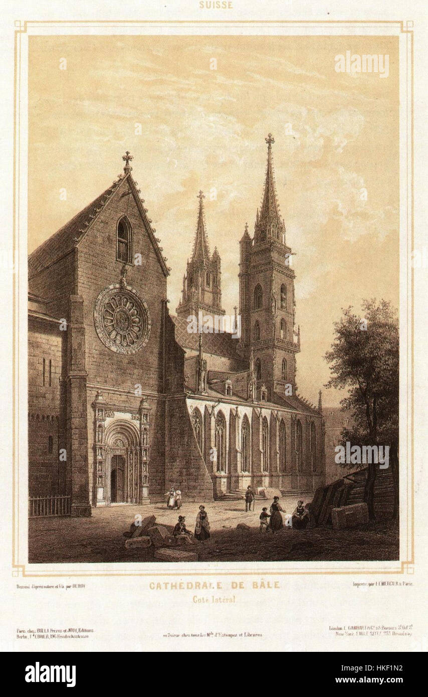 This historical painting of the Basler Münster, located in Basel ...