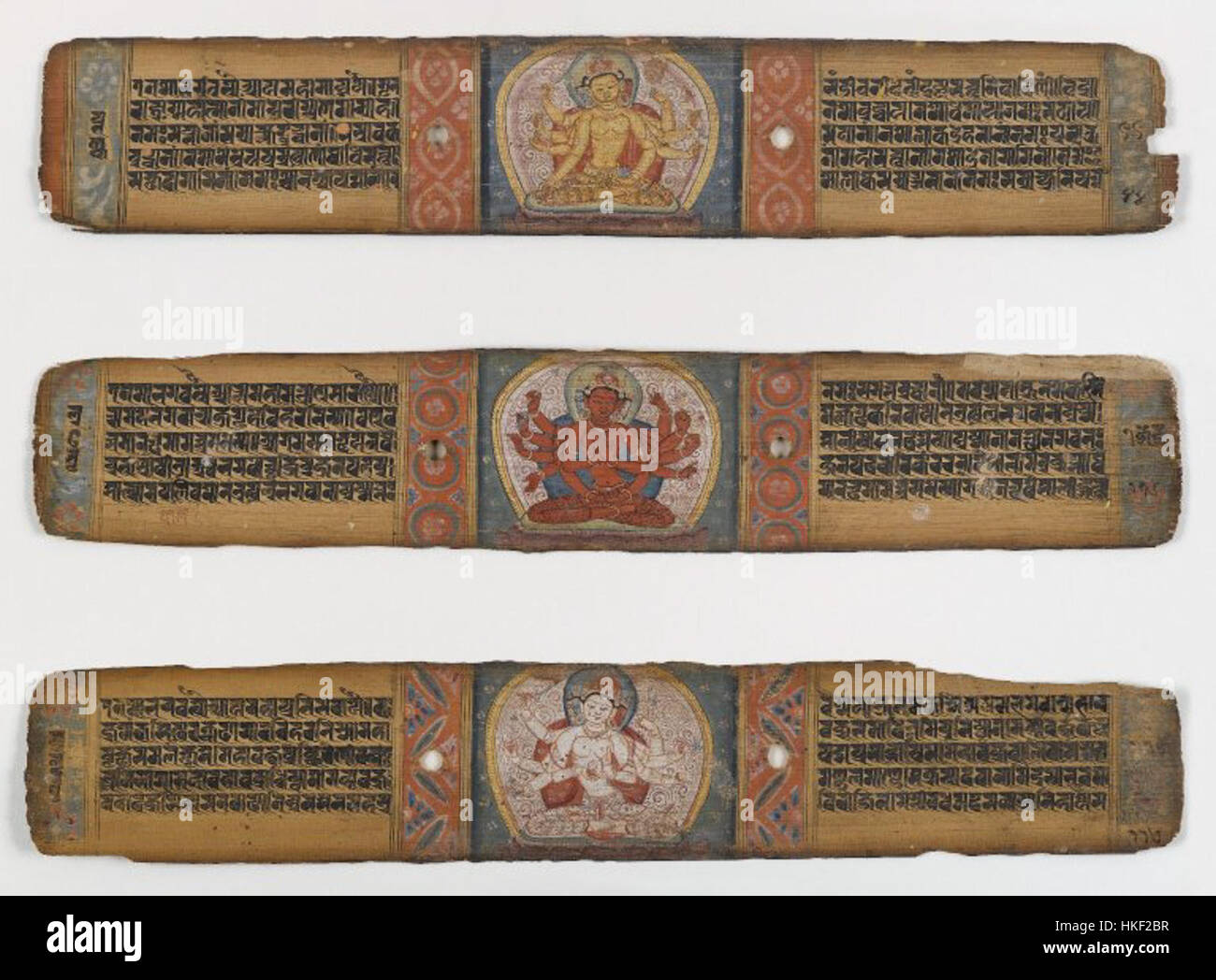 This artwork showcases three illustrated palm leaves from the ...