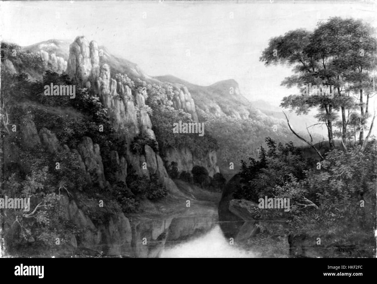 The painting 'Mountain Landscape' by J. Hall, housed in the Brooklyn ...