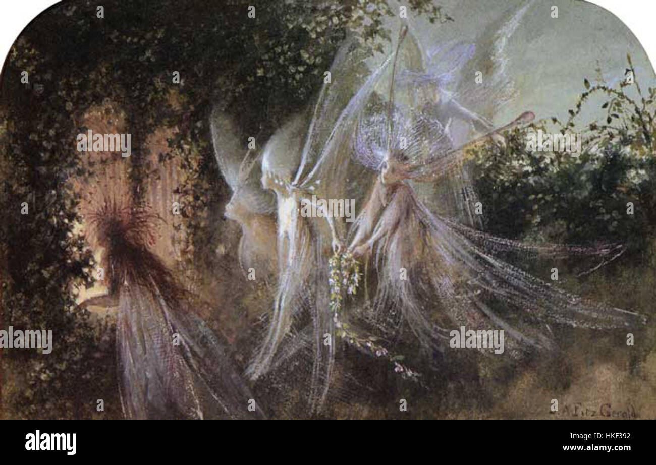 This artwork depicts a gothic arch framing a group of fairies. The ...