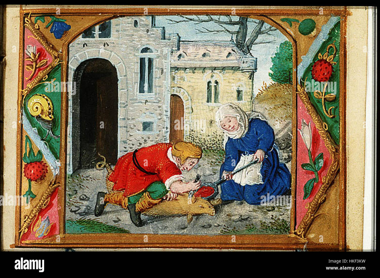 This artwork depicts the preparation of food during the Middle Ages ...