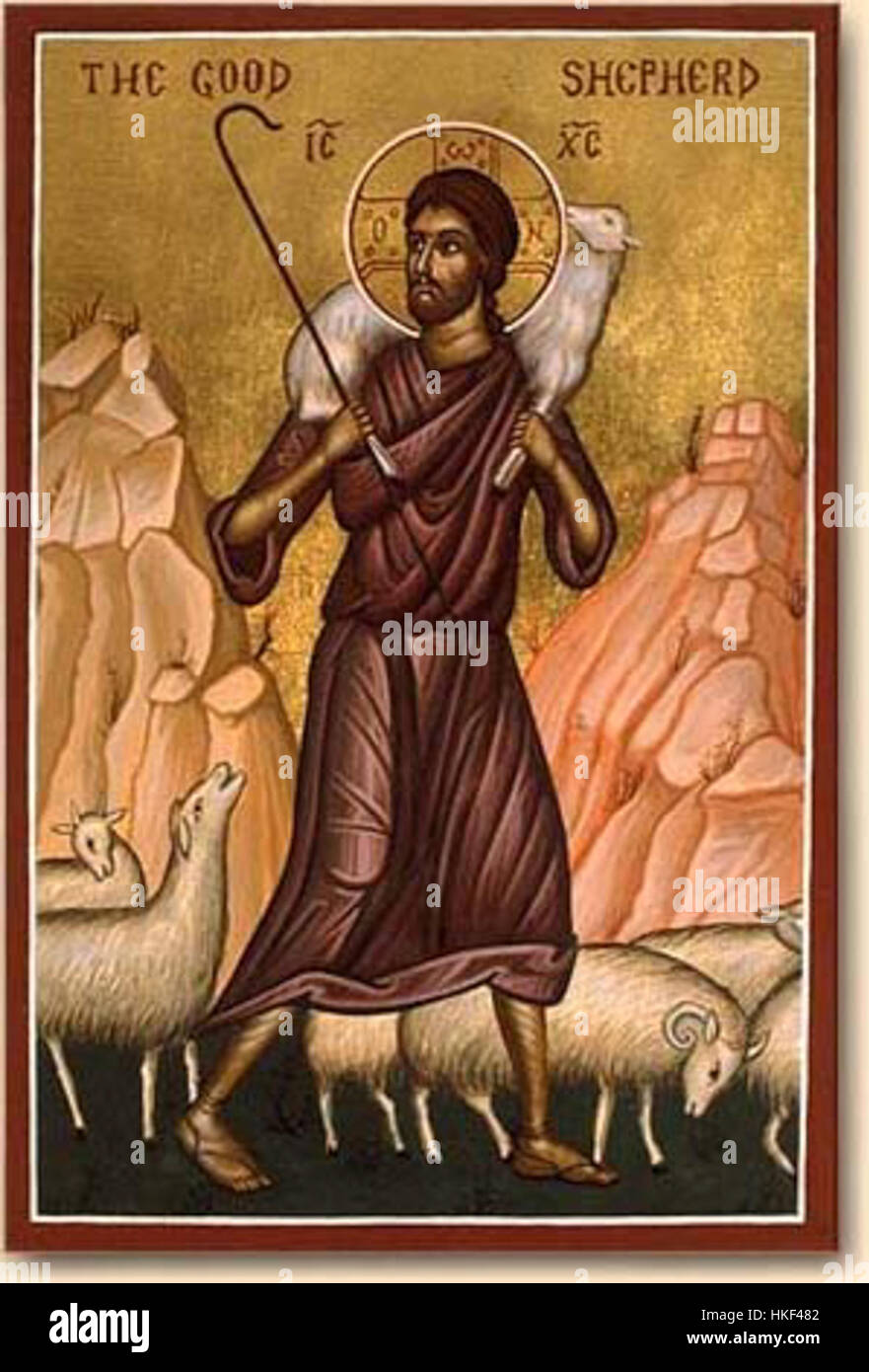This icon, titled 'Good Shepherd,' portrays the Christian symbol of ...