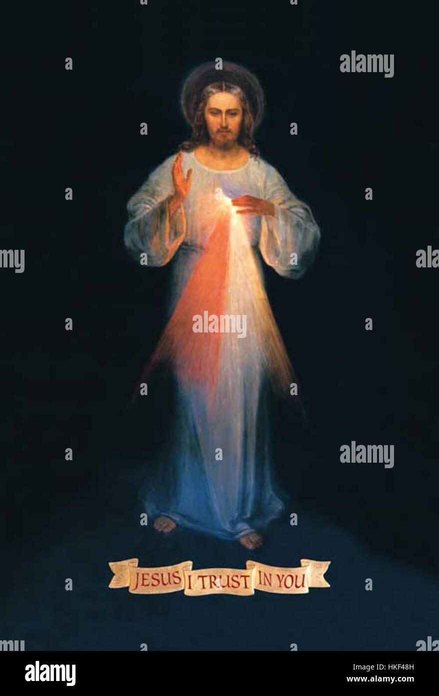 An oil painting titled 'Divine Mercy,' depicting religious iconography ...