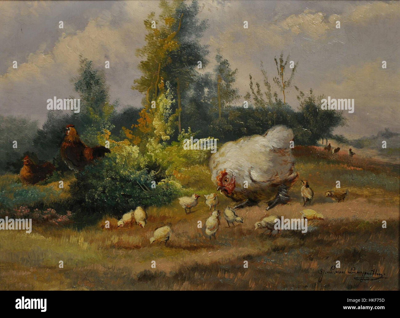 This artwork depicts a hen with her chicks, a common subject in ...