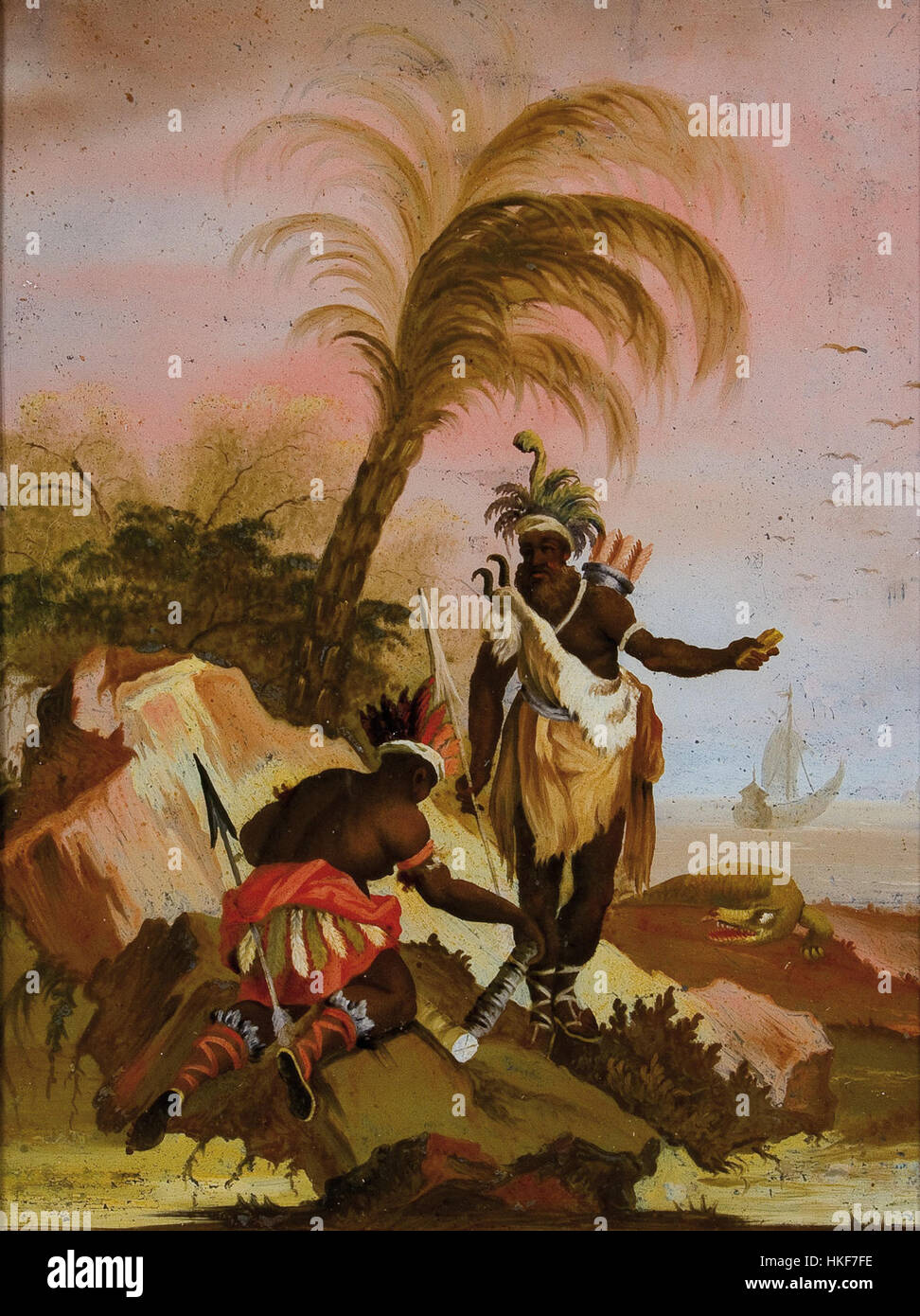 This allegorical painting, 'Hinterglasbild Allegorie Amerika,' portrays ...