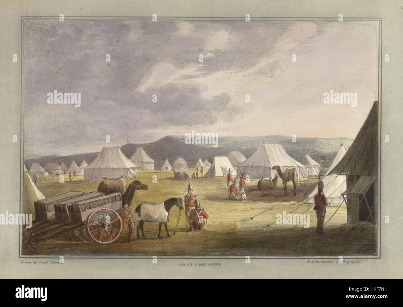 This artwork depicts a traditional Indian camp scene, capturing the ...