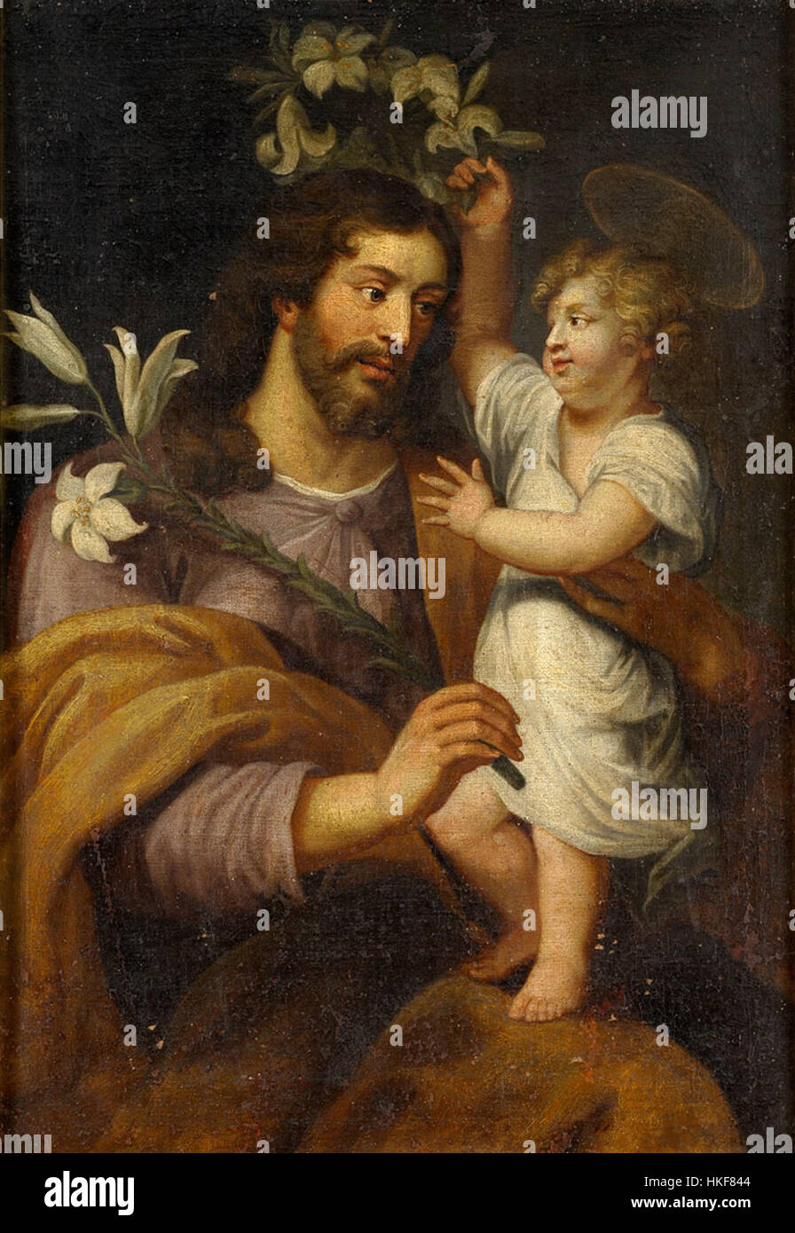 This 18th-century painting, 'Joseph mit Kind,' depicts Saint Joseph ...