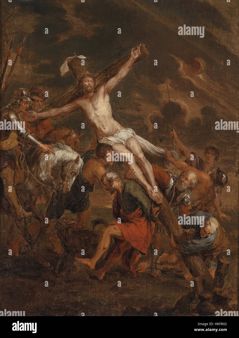 'Kreuzaufrichtung' (18th century, Genoa) depicts a religious scene of crucifixion or ...