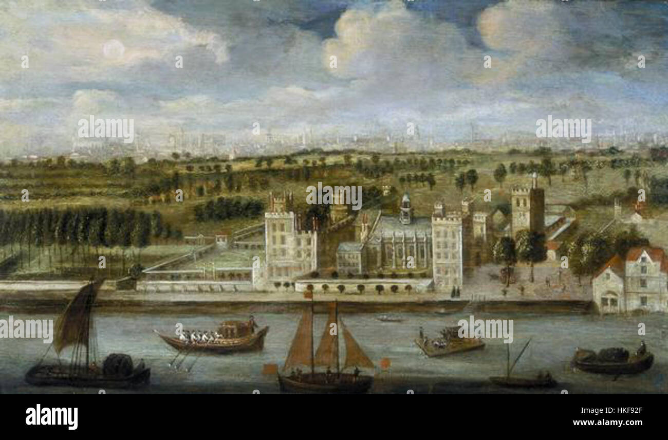 This painting depicts Lambeth Palace, London, around 1715, capturing ...