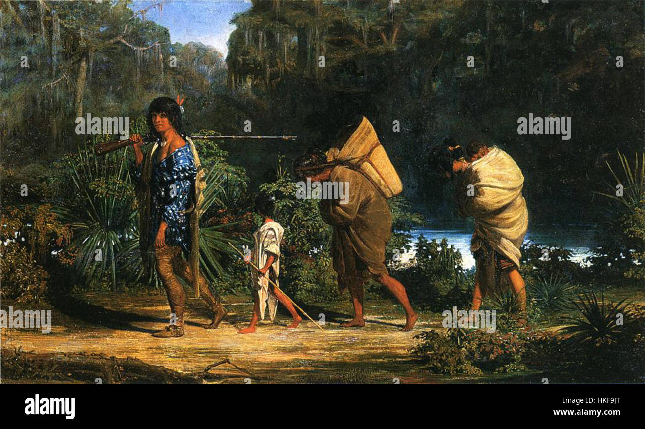 This artwork depicts a scene of Louisiana Indians walking along a bayou ...