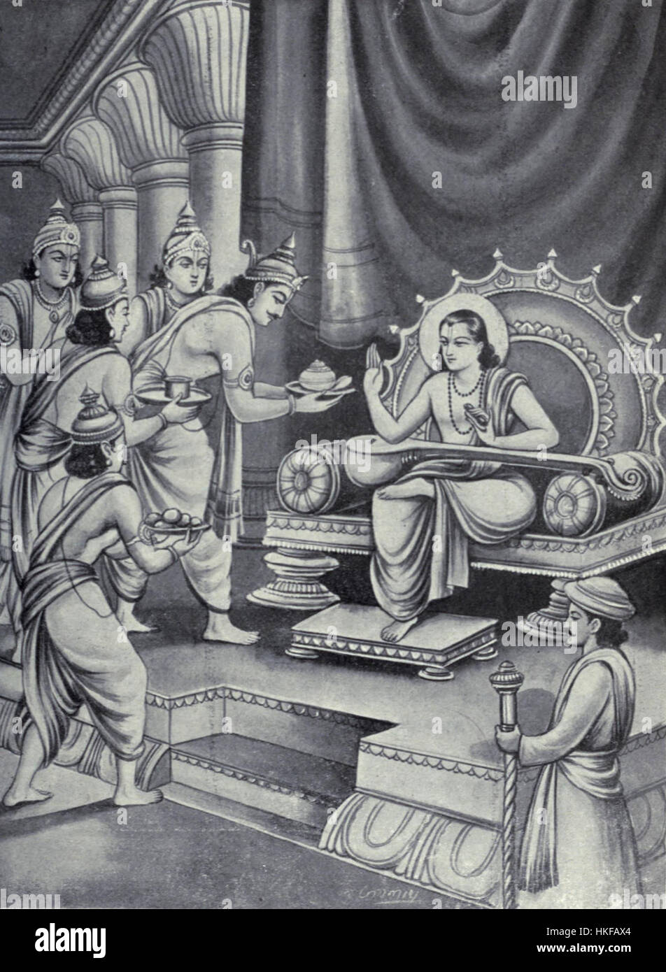 This artwork depicts the Hindu mythological figure Narada visiting the ...