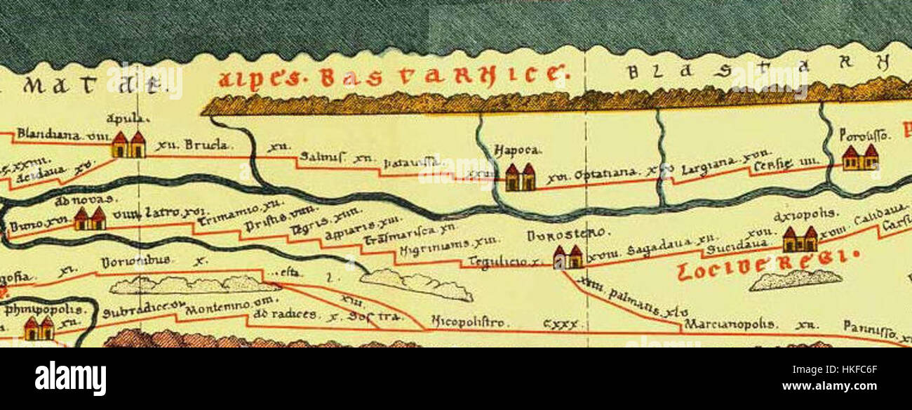 A segment of the Tabula Peutingeriana, an ancient Roman map, showing a ...