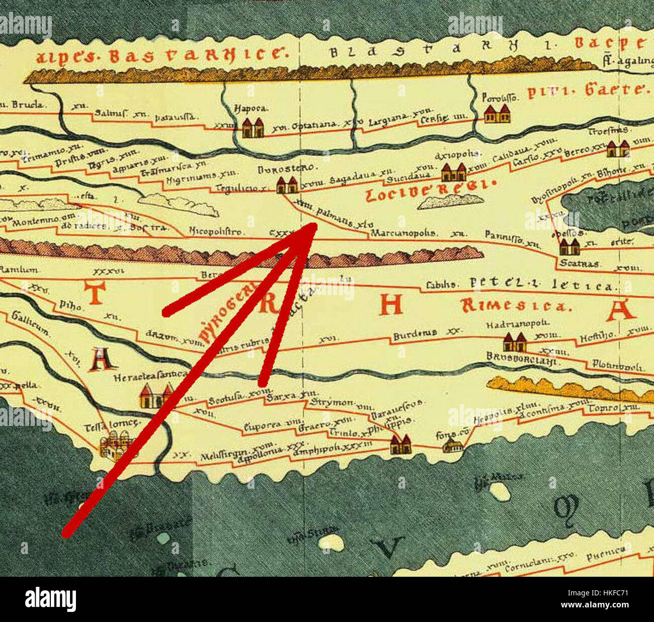 The Tabula Peutingeriana, an ancient Roman map, is represented in this ...