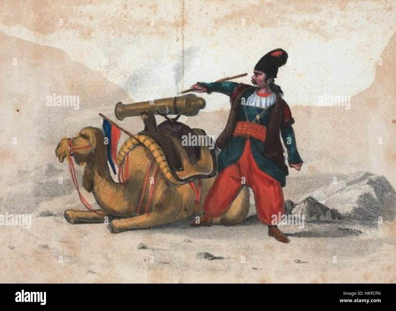 This artwork illustrates the Persian Zembouraki Camel Artillery, a ...