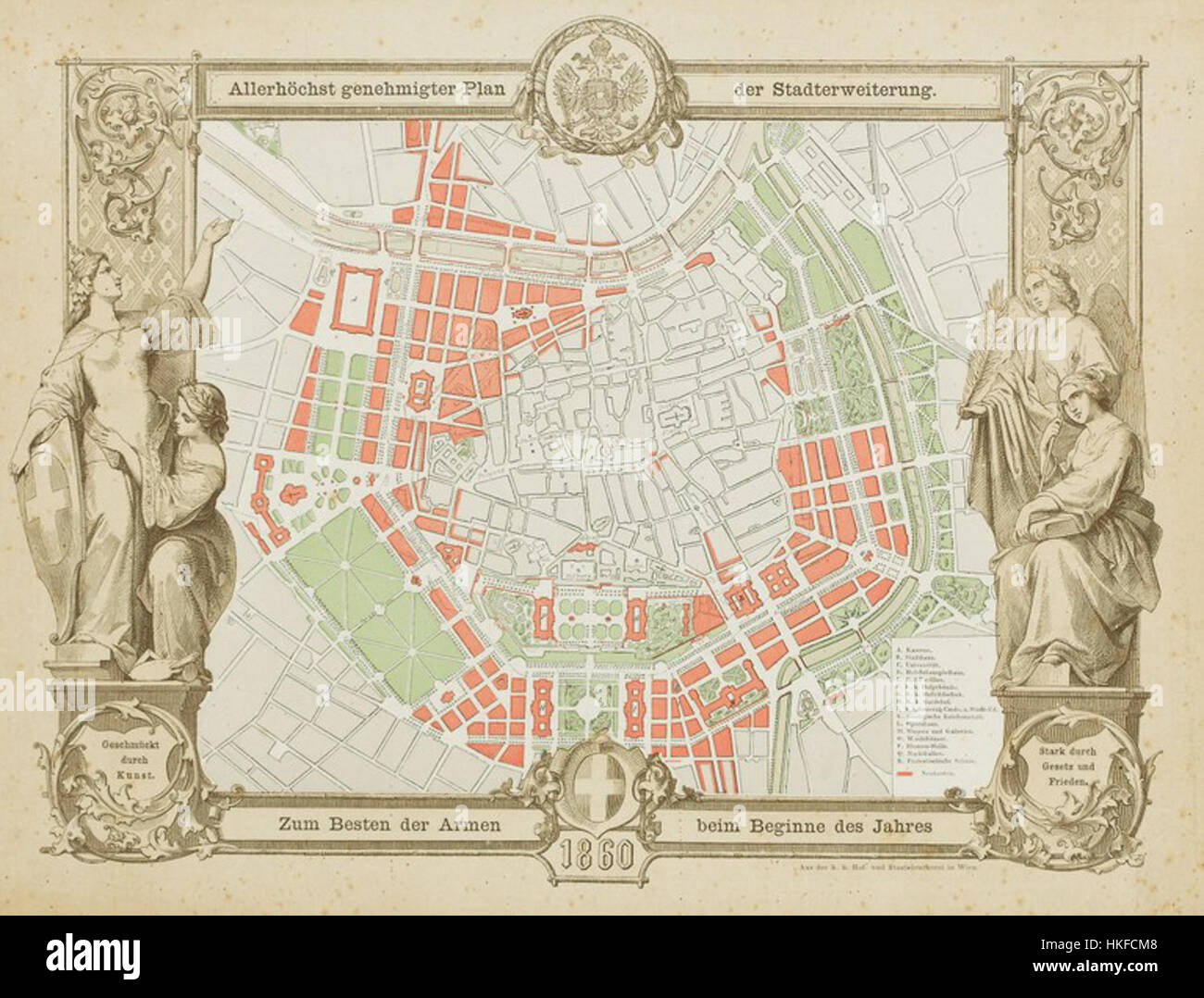 A historic 1860 map depicting the city expansion plan of Vienna ...