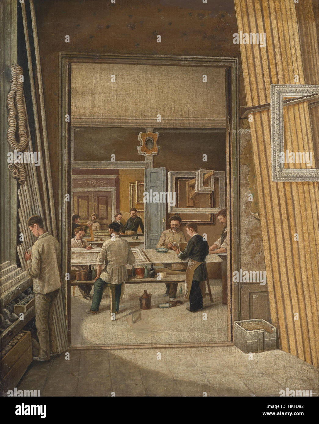 This artwork from around 1900 illustrates a frame-making workshop ...