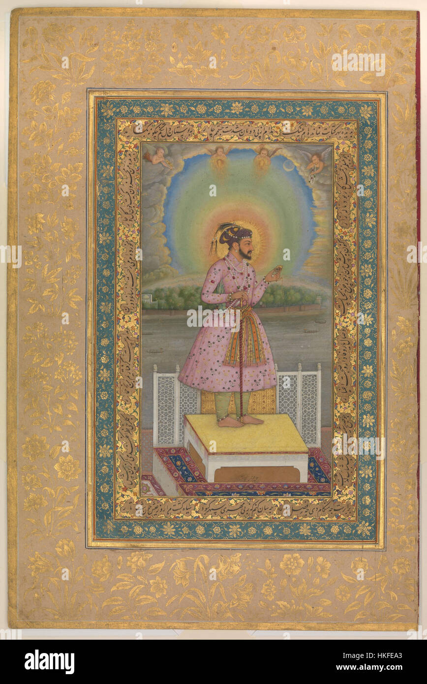 This portrait depicts Shah Jahan, the Mughal emperor, standing on a ...