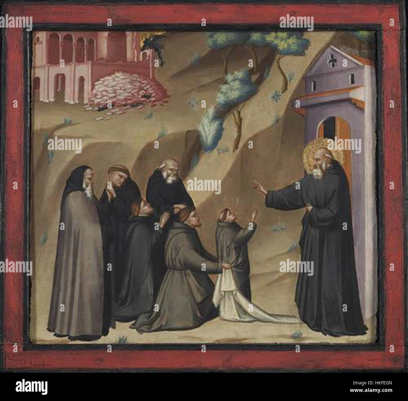 The artwork depicts St. Benedict performing a miracle, restoring life ...