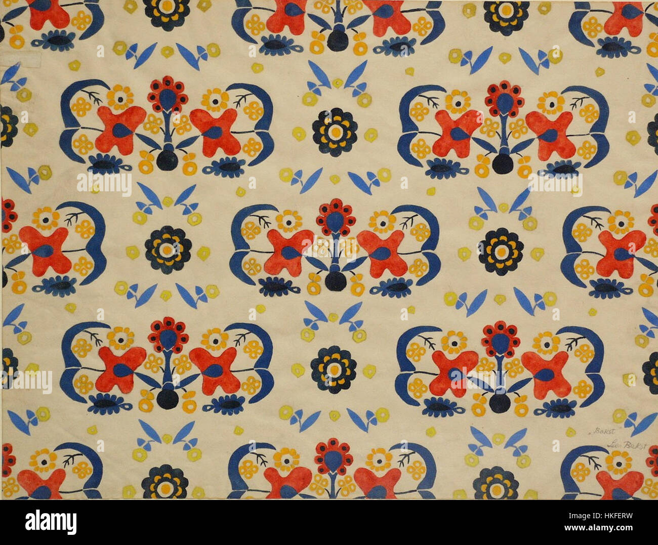 This textile print by Leon Bakst showcases his signature style ...