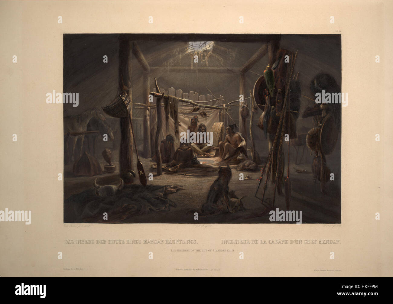 This artwork portrays the interior of a Mandan chief's hut, offering a ...