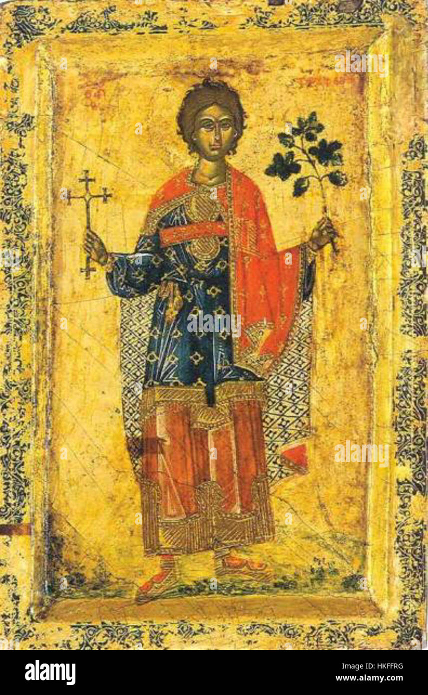 This artwork of Tryphon of Campsada, a Christian martyr, illustrates ...