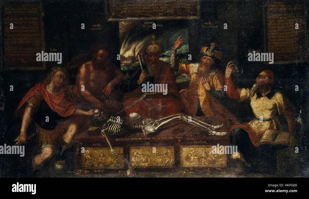A Vanitas allegory painting depicting historical figures and a skeleton ...