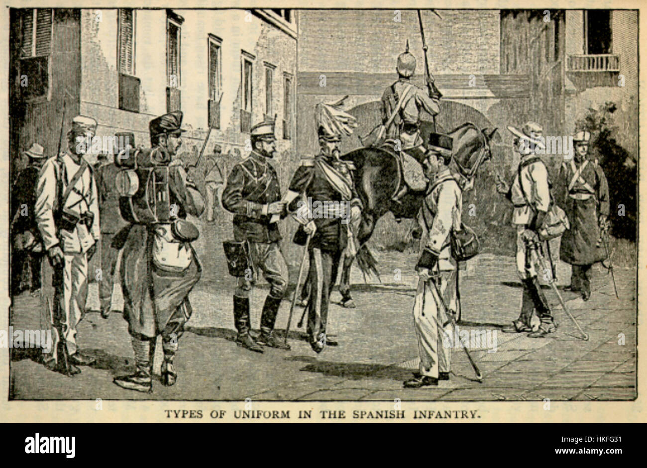 This artwork displays various types of uniforms worn by the Spanish ...