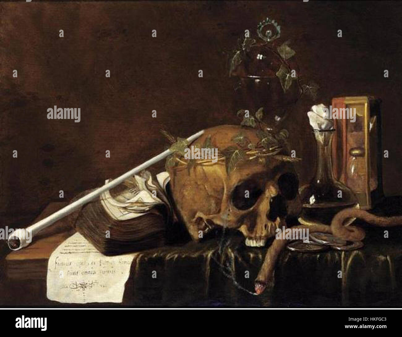This Vanitas painting depicts symbolic items such as a skull, pipe ...