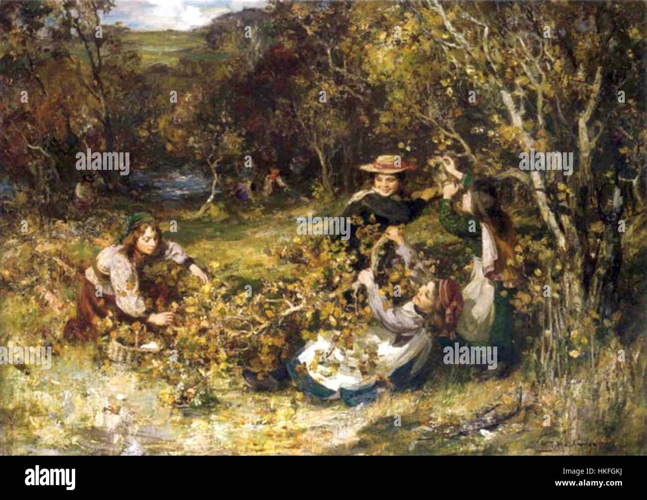 An oil painting by William Stewart Macgeorge titled 'Nutting', showing ...