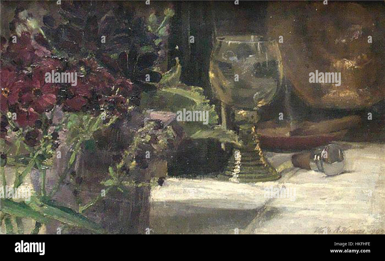 Wilhelm Wrage’s *Stillleben mit Weinglas* (1905) is a detailed oil ...