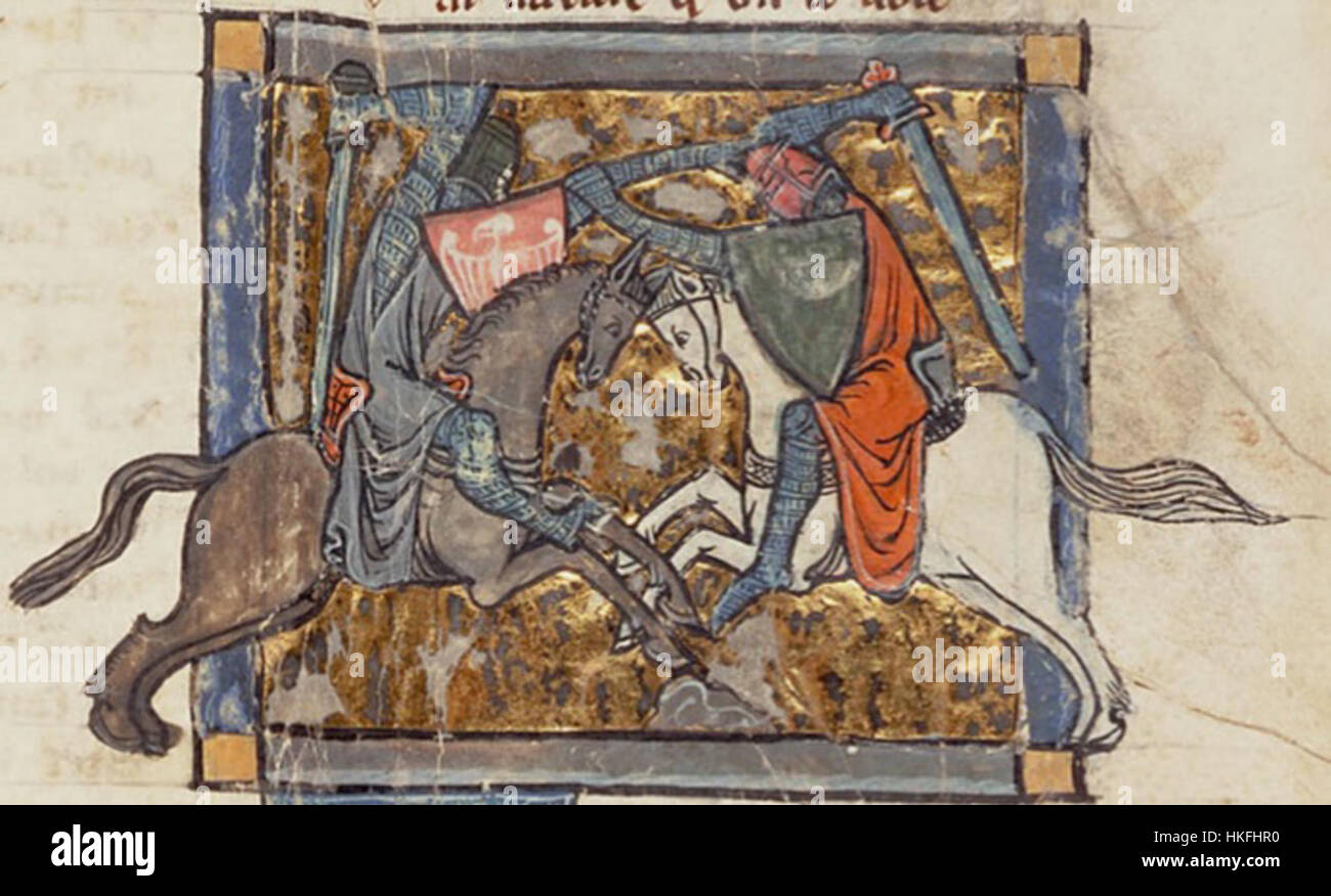 A medieval-inspired painting depicting Ywain and Gawain, two legendary ...