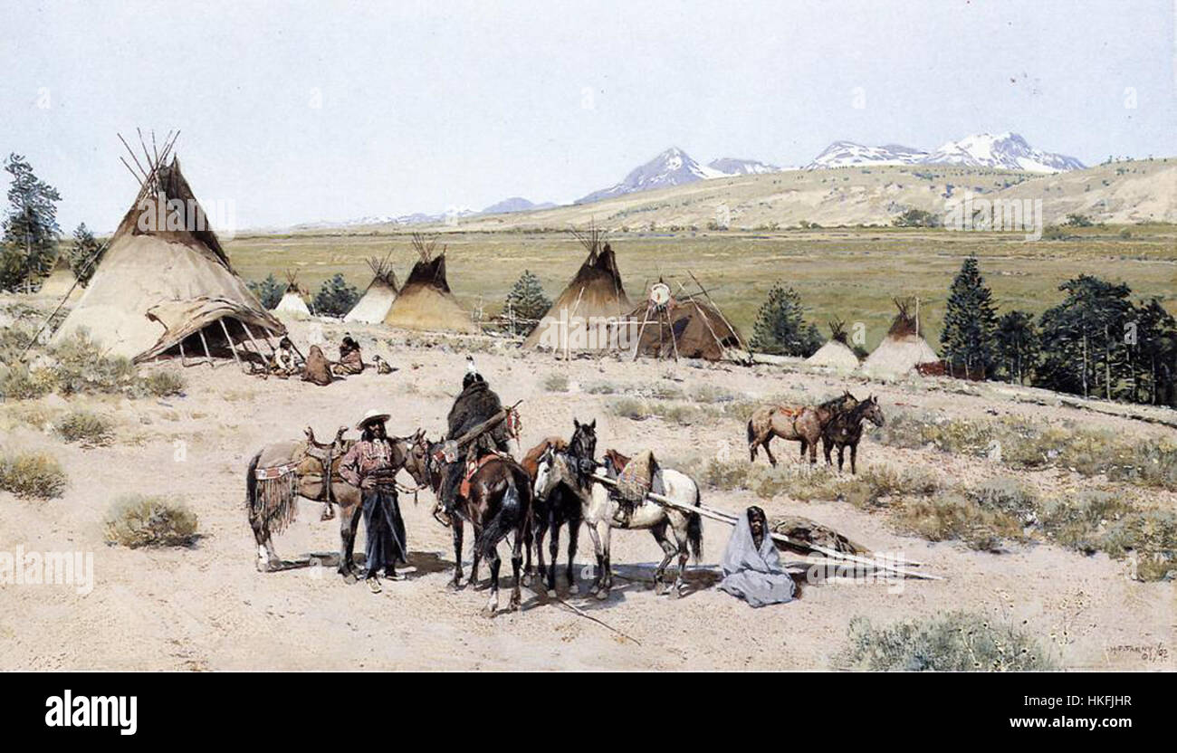 An oil painting by Henry Farney, depicting a scene of an Indian ...