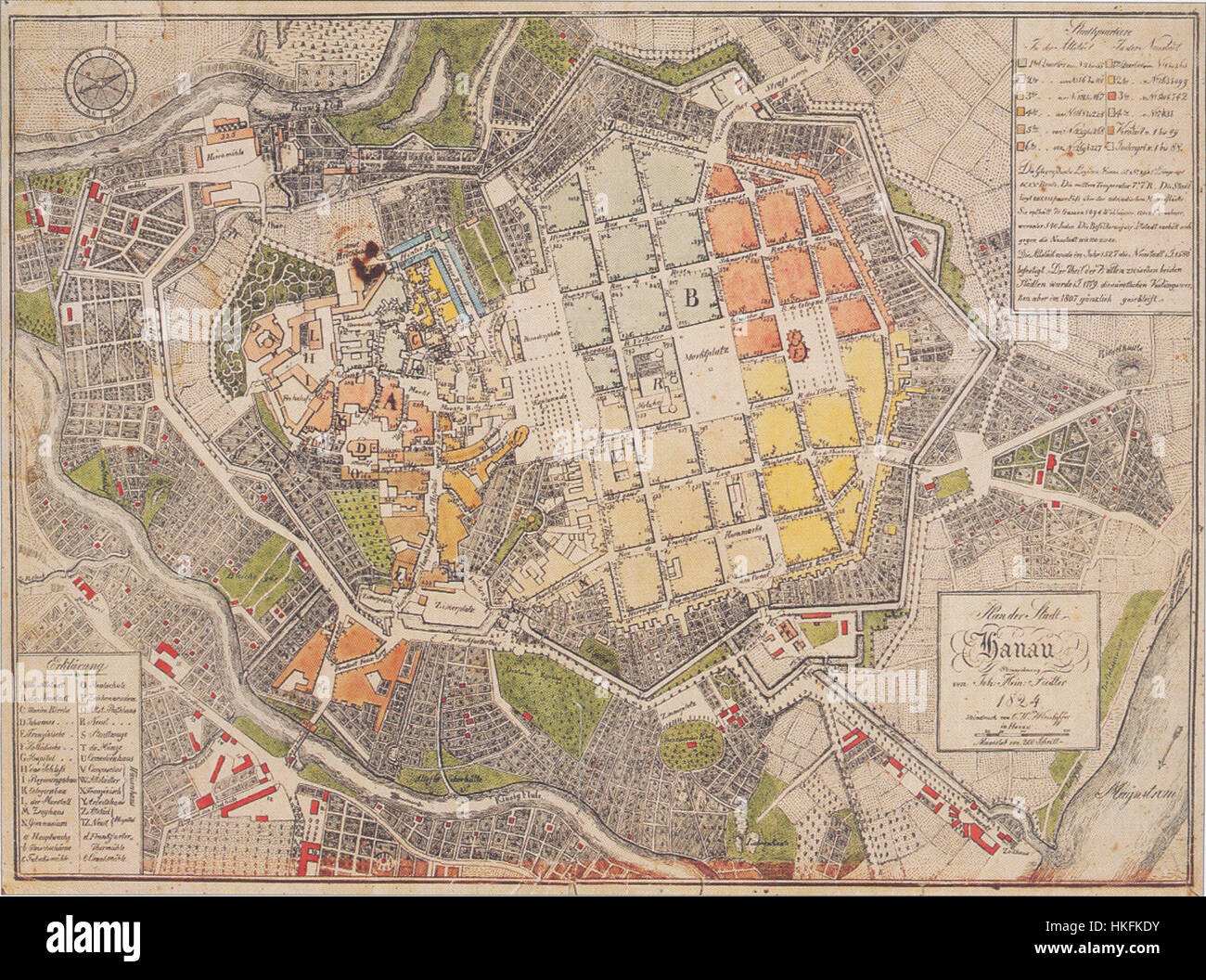 An 1824 map of the city of Hanau, Germany, depicting the layout of ...