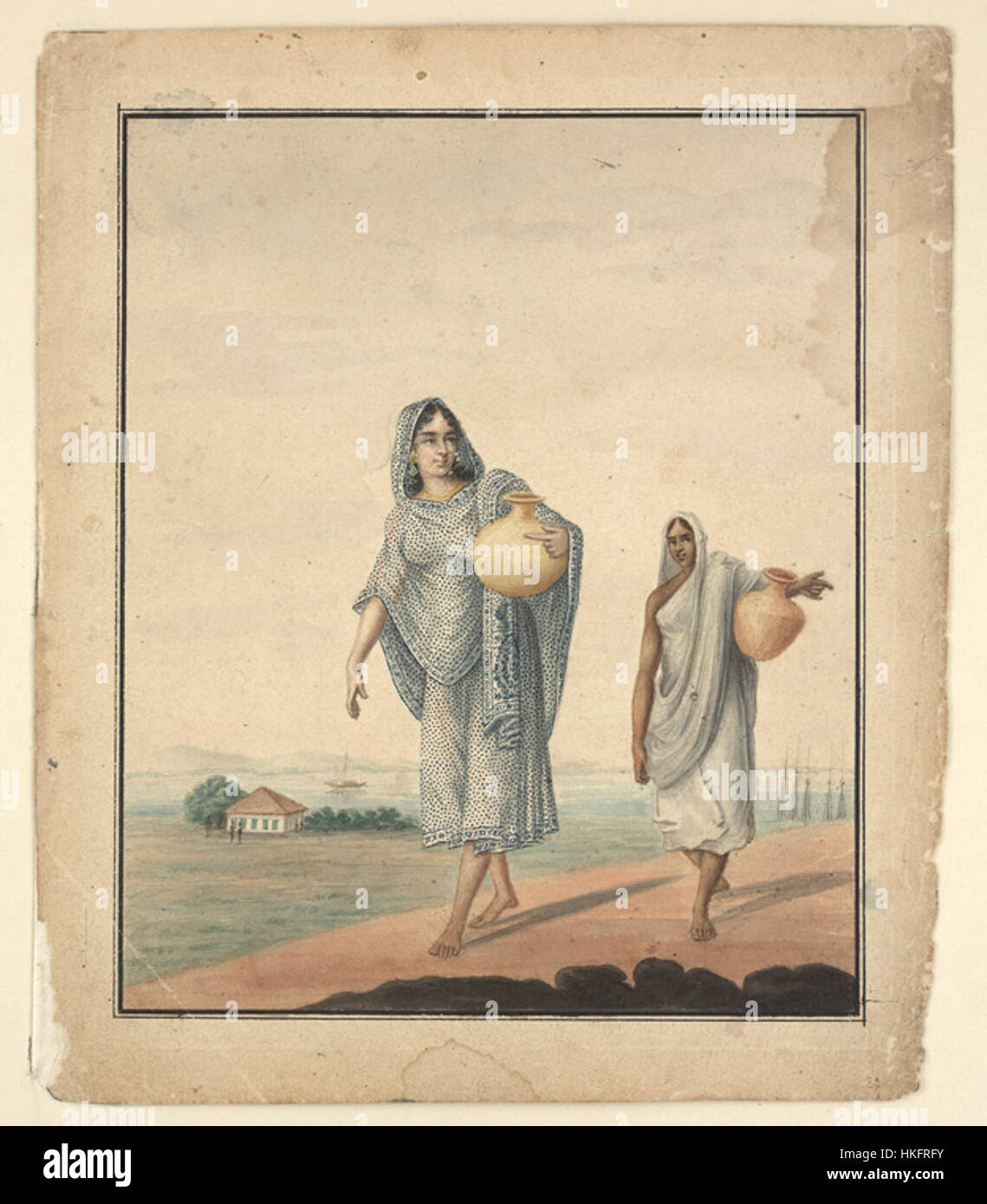 This artwork depicts two women carrying water in pots with the Ganges ...