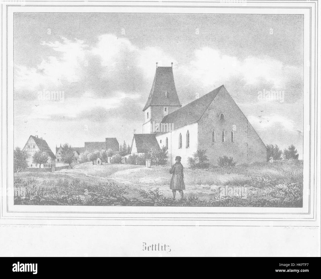 This lithograph from 1840 depicts the Kirche Zettlitz, a church in ...