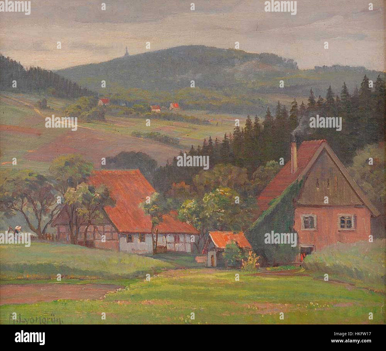 A painting depicting a typical landscape from central Germany ...