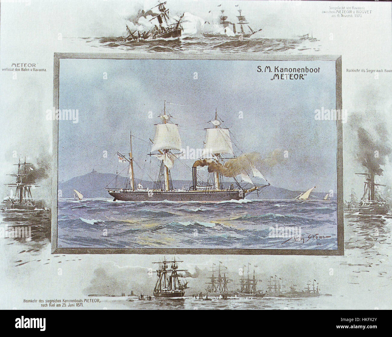 An artwork depicting the 1870 Meteor ship near Havana. This scene ...