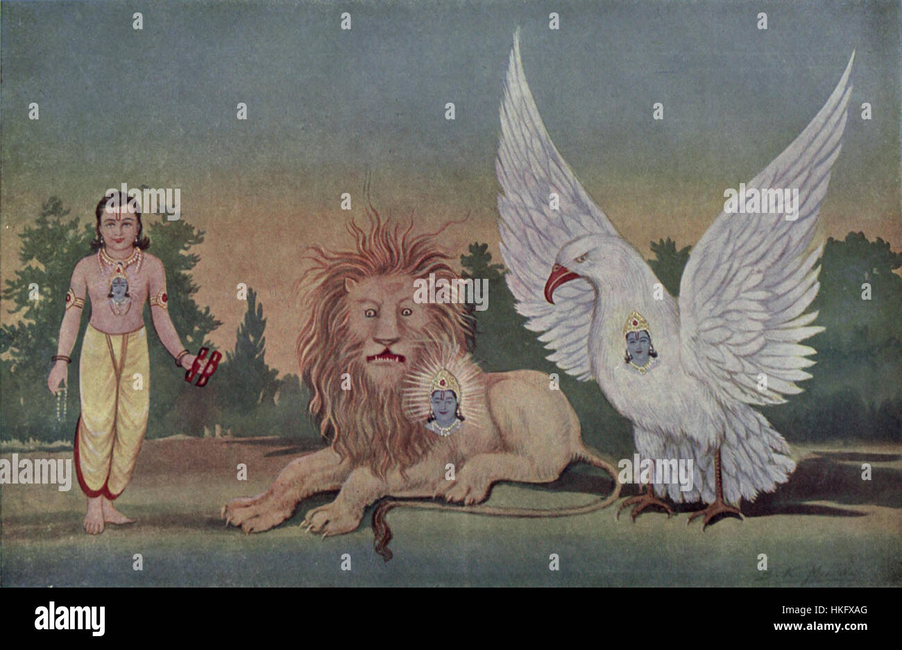 This painting depicts the Hindu legend of Prahlad, surrounded by three ...