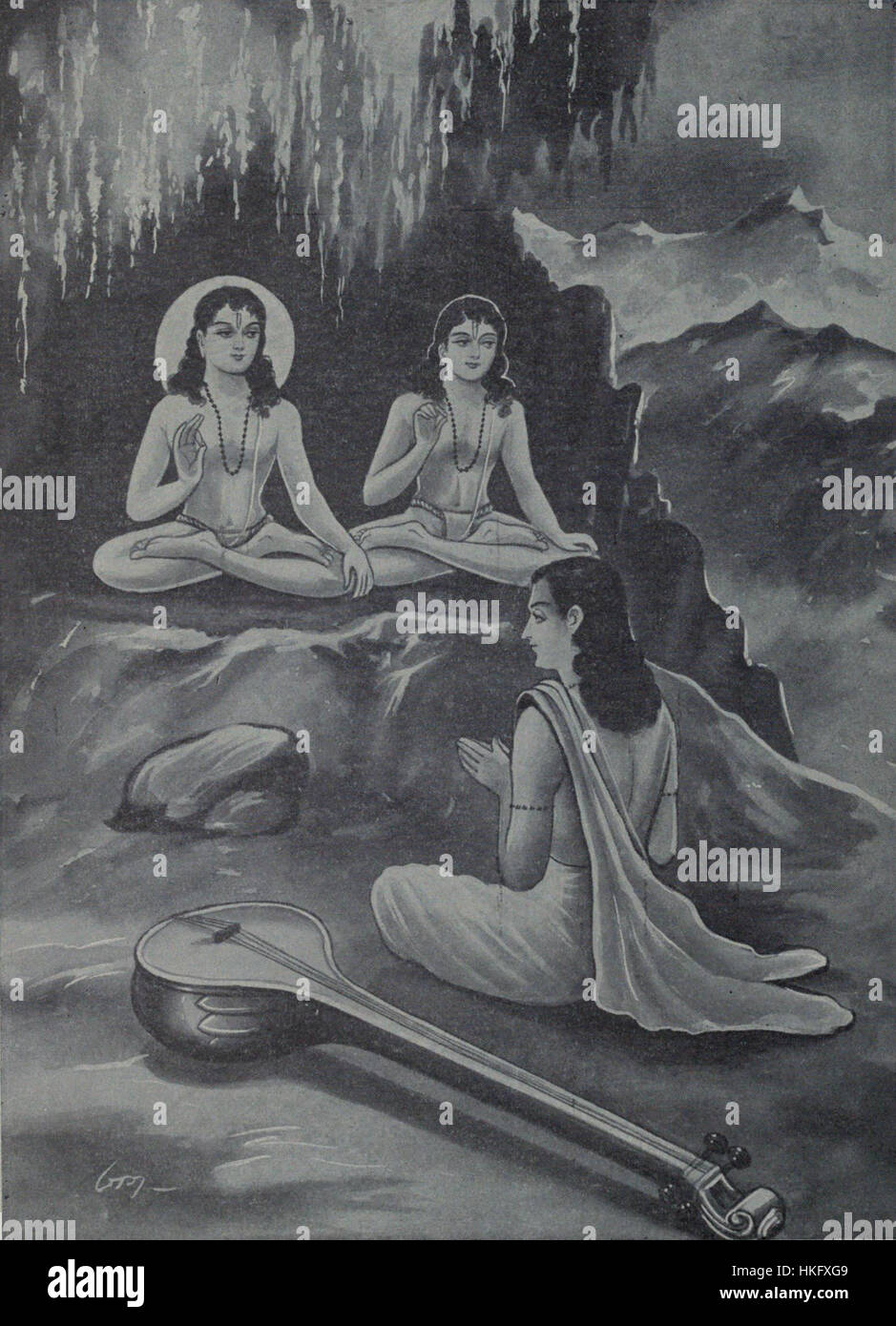 This painting depicts a scene from Hindu mythology, where Nara and Narayana, two divine sages ...