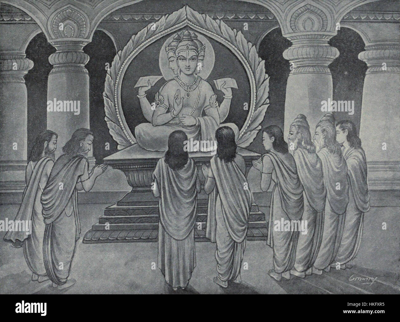 This artwork depicts Brahma, the creator god in Hinduism, preaching to ...