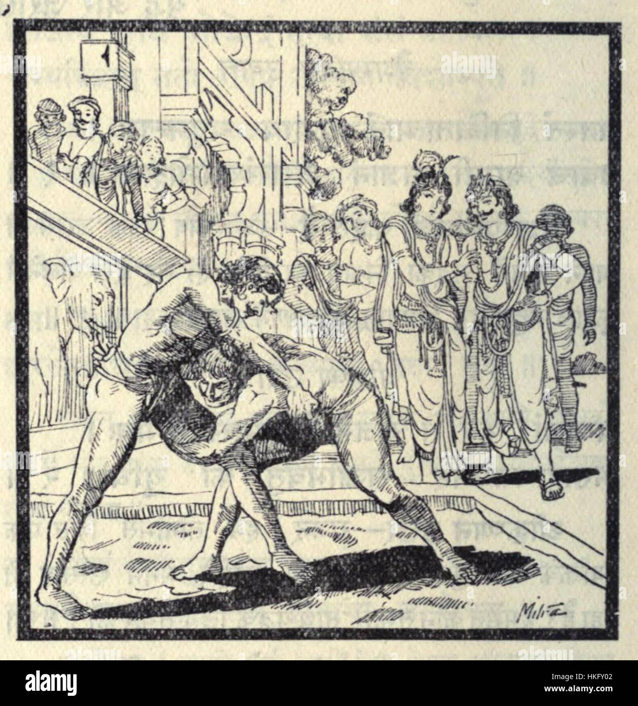 This artwork portrays the legendary battle between Bhima and Jarasandha ...