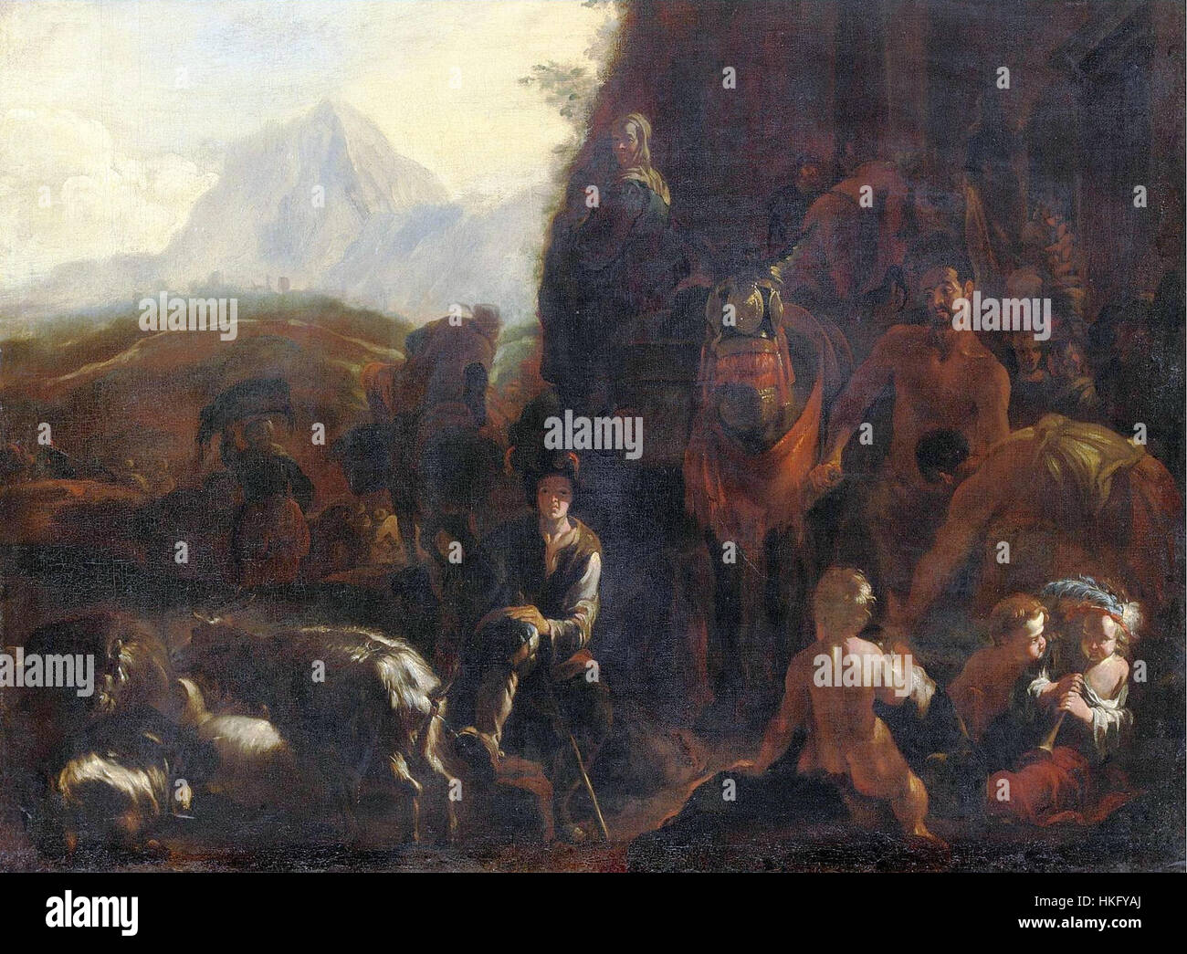 This French painting *Paysans avec le troupeau* portrays rural life ...