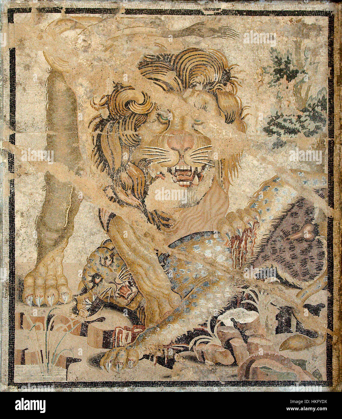 'Lions Mosaic MAN Naples Inv 114282' is a Roman-era mosaic depicting a ...