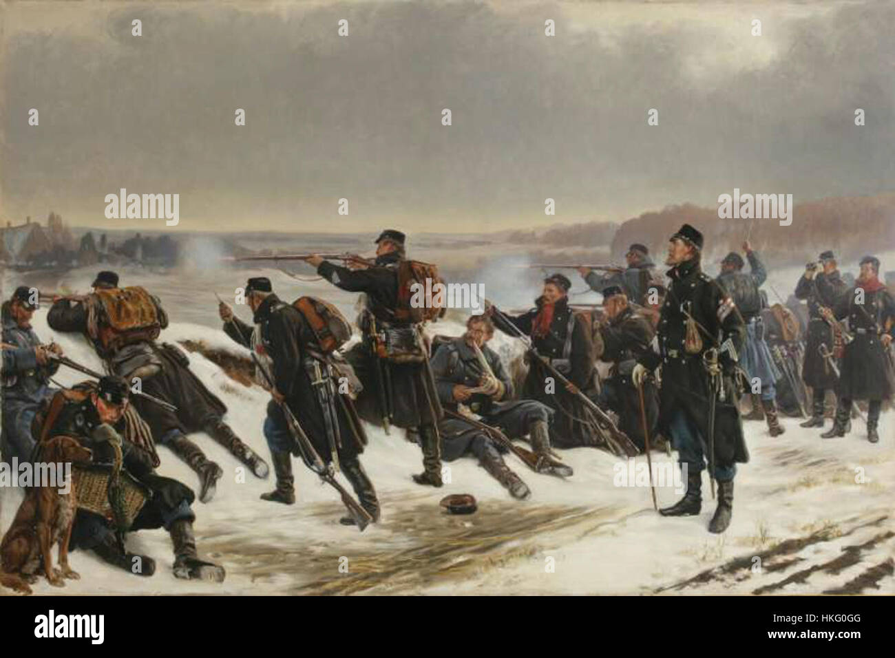 A historical painting from 1864 titled 'Fra Forposterne,' depicting a ...
